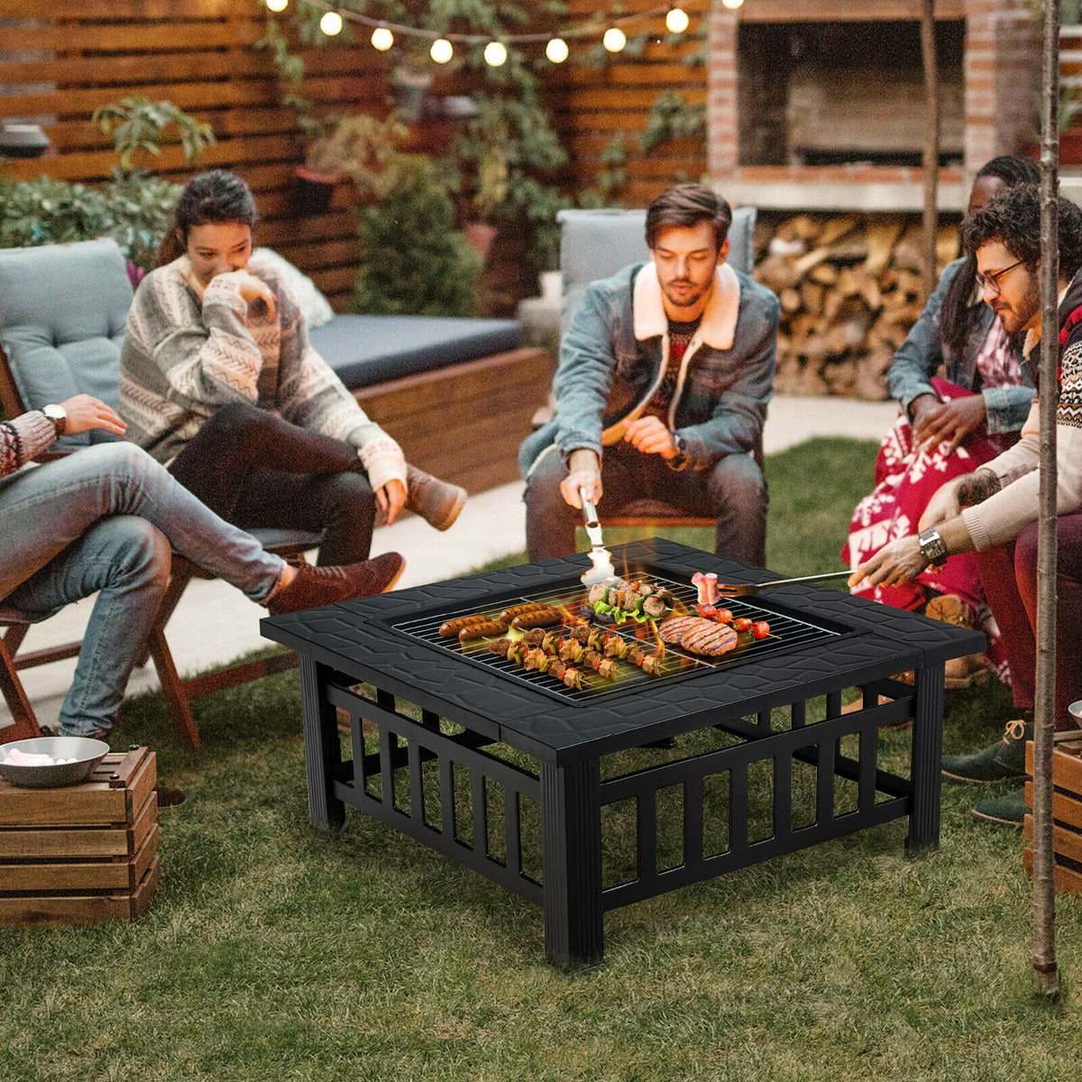 32 Inch 3 in 1 Outdoor Square Fire Pit Table with BBQ Grill - Fully As ...