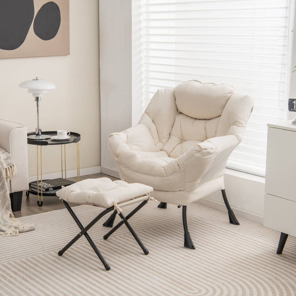 Modern Accent Sofa Chair with Folding Footrest and Side Pocket-Beige ...