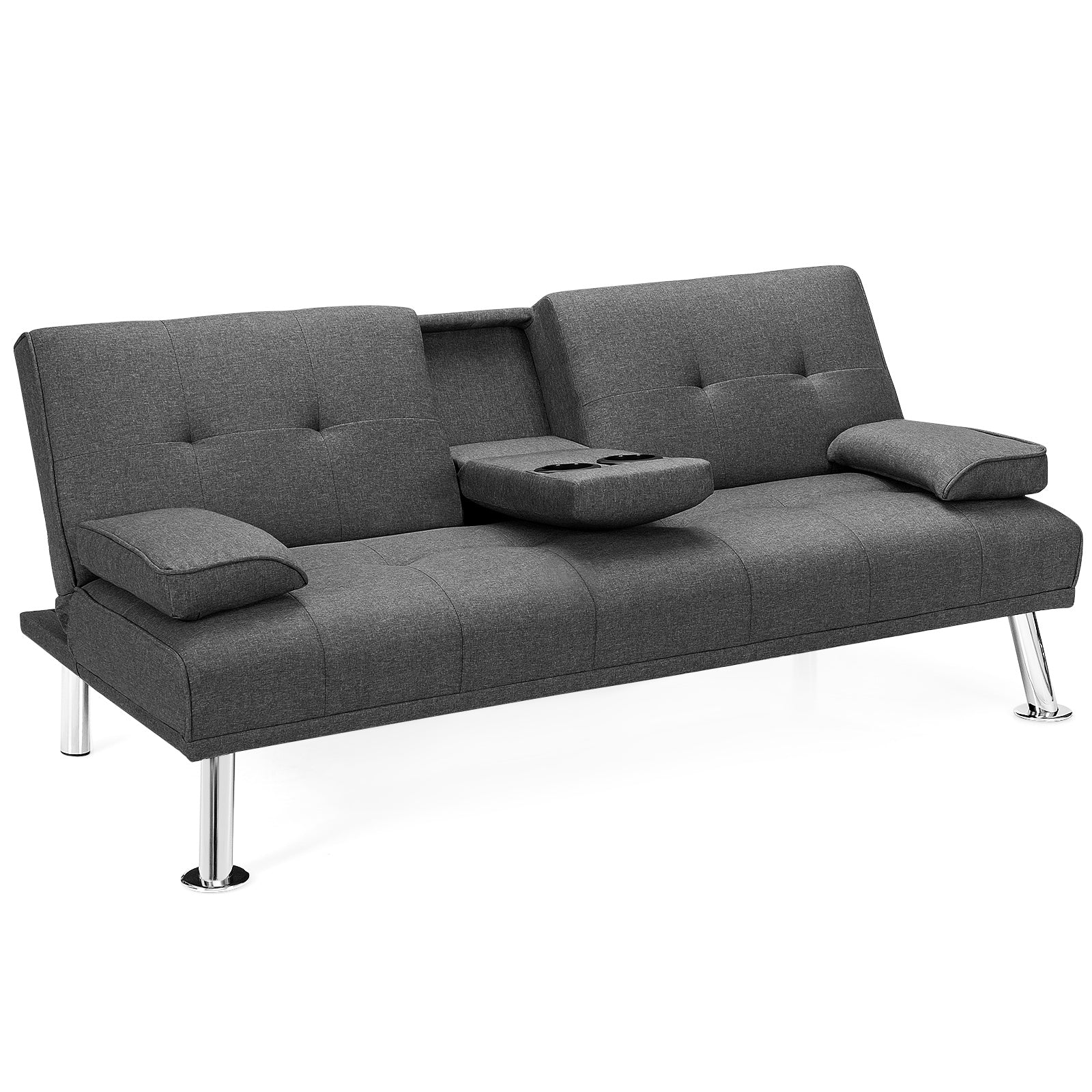 Convertible Folding Futon Sofa Bed Fabric with 2 Cup Holders-Dark Gray ...