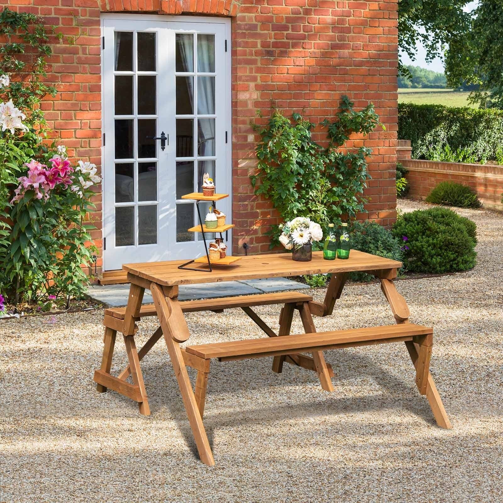 2-in-1 Transforming Interchangeable Wooden Picnic Table Bench-Natural ...