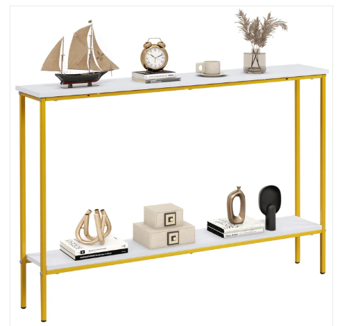 White/Gold Console Table with Shelf, 44" Narrow Entryway Table (Fully ...