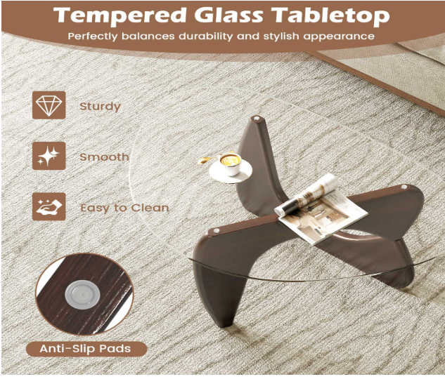 Triangle Coffee Table with Tempered Glass Top and Adjustable Rubber Wo ...