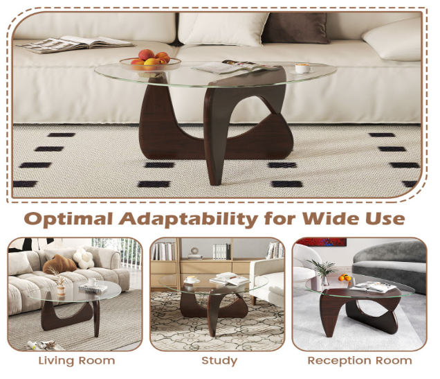 Triangle Coffee Table with Tempered Glass Top and Adjustable Rubber Wo ...