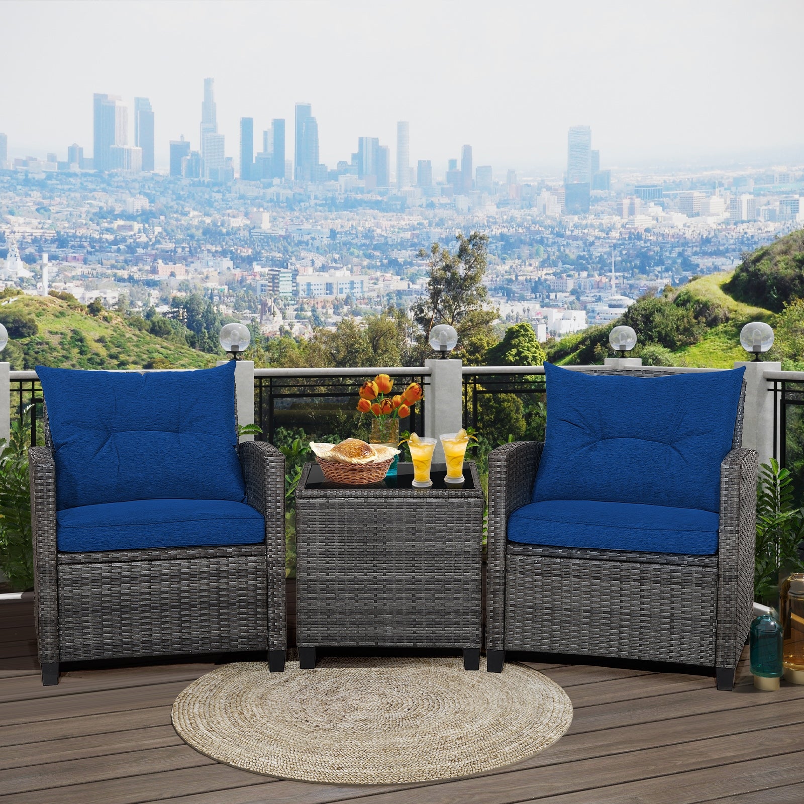 3 Pieces Outdoor Wicker Conversation Set with Tempered Glass Tabletop ...